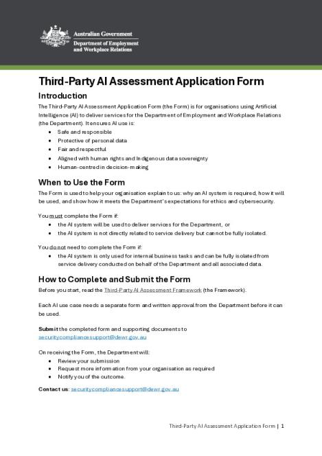 Third-Party AI Assessment Application Form - Department of Employment and Workplace Relations ...